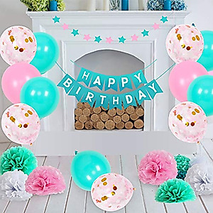 Birthday Decorations, Birthday Party Supplies Kit for Girls Women Happy Birthday Banner Pink Teal Latex Balloons Tissue Paper Pom Pom Star Garland Hanging Swirls Birthday Decor for 13th 16th 18th 21st