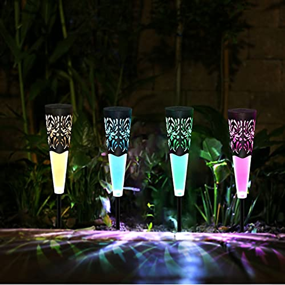 Solar Lights Outdoor , 4Pcs Garden Decor Solar Torch Lights with Color Changing&Warm White 2 Lighting Mode Waterproof Solar Garden Lights for Garden Dark Corner,Flower Bed,Walkway Lighting Decoration