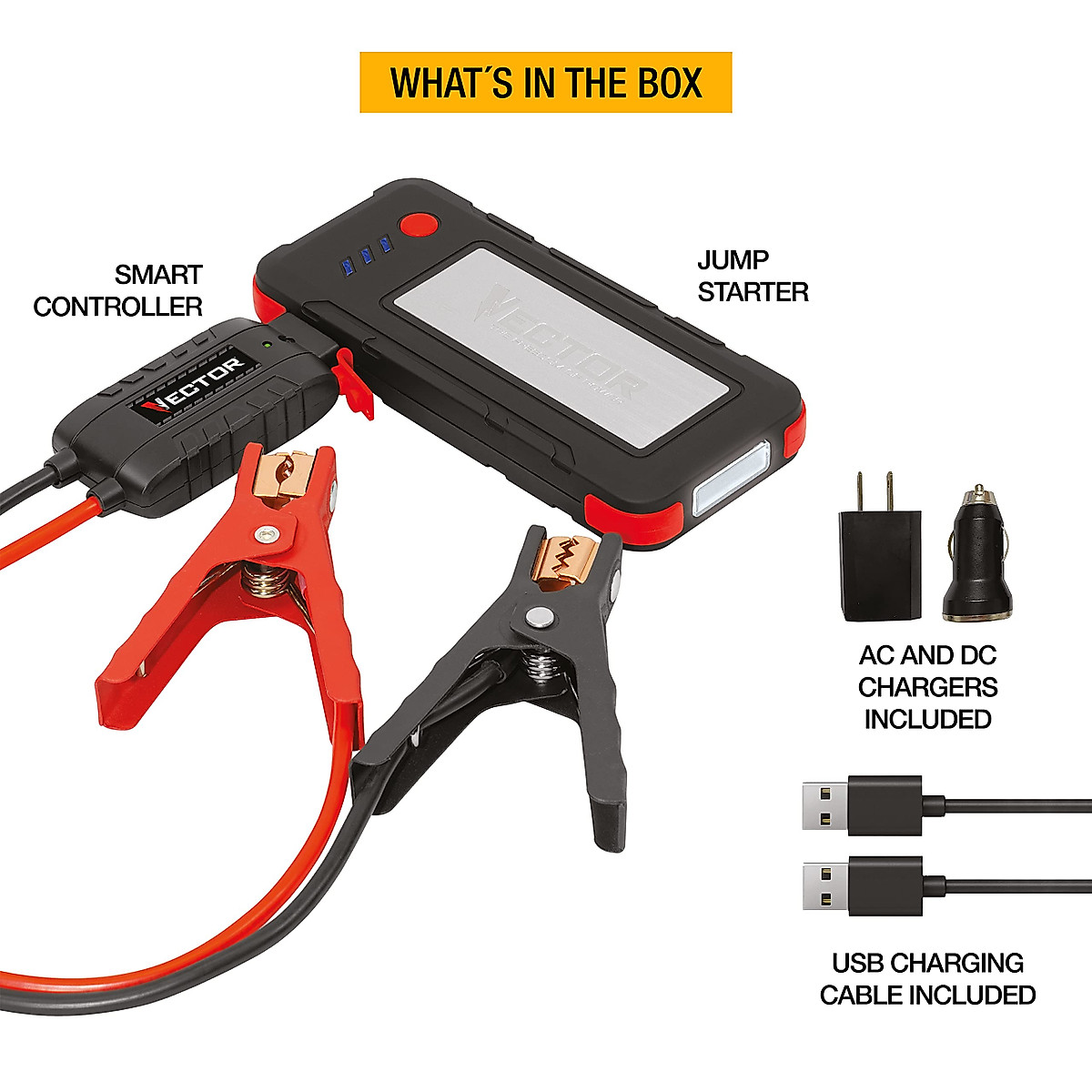 VECTOR SS6LV 1200 Peak Amp Lithium Jump Starter Battery Booster, USB-A(2.1 Amps), USB-C(3.1 Amps), Power in & Out, LED Work Light, & Heavy Duty Powder Coated Clamps