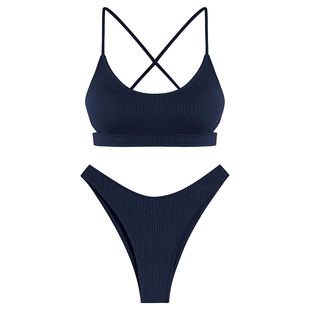 ZAFUL Women's Cutout Bikini Scoop Neck Ribbed High Cut Bikini Sets Two Piece Swimsuit (1-Deep Blue, S)