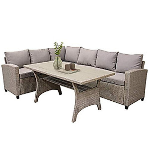 LZ LEISURE ZONE Patio Furniture Sets, 3 Piece Outdoor Patio Dining Table Set, PE Rattan Wicker Conversation Set, All-Weather Sectional Sofa Set with Table & Soft Cushions, Brown+Light Brown