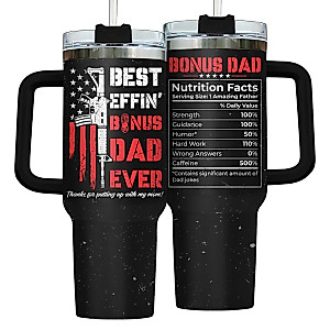 34HD Best Bonus Dad Tumbler with Handle & Straw, 40oz Vacuum Insulated Stepdad Cup with Nutrition Facts, Birthday Christmas Father Day Gifts for Adopted Stepup Dad Chosen Papa Stepfather