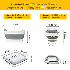 Detsuk Collapsible Basin Bucket (9L+5L)-Collapsible Dish Tub Portable Sink-Foldable Sink Tub for Cleaning Foldable Portable Plastic (9l Dishpan Grey + 5l Bucket Grey)