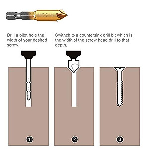 Countersink Drill Bit Set 3 Pcs 1/4'' Hex Shank High Carbon Steel 5 Flute Countersink 90 Degree Center Punch Tool Sets for Wood Quick Change Bits 6mm 8mm 9mm