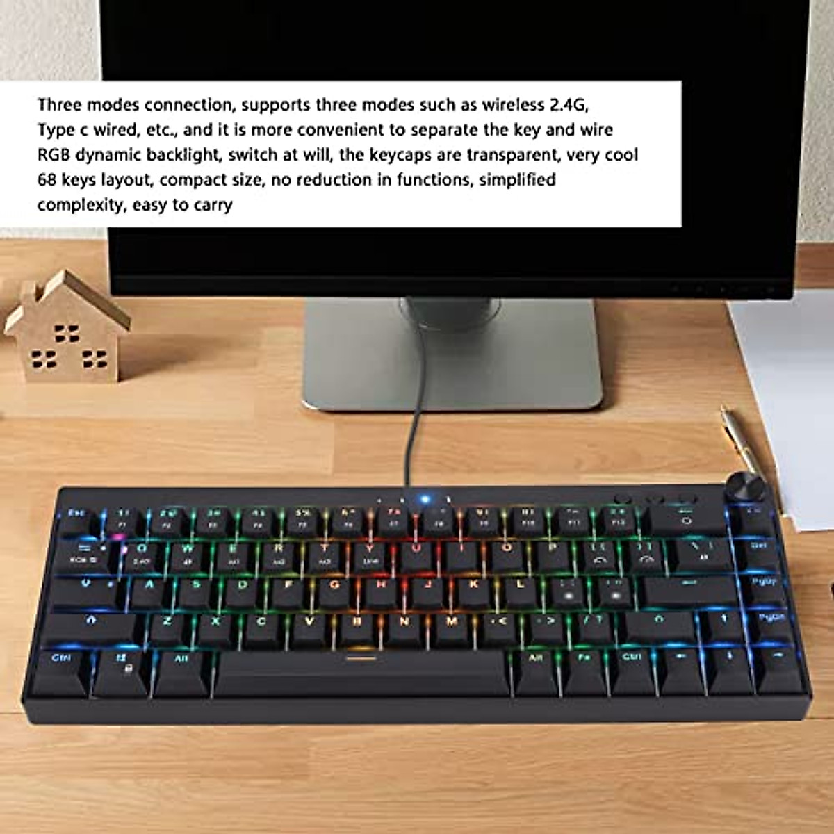 Garsentx Mechanical Gaming Keyboard with 2.4Gzh/BT/USB C Connection, 68 Keys Ergonomic Compact PC Wireless Keyboard with Hot Key RGB Backlit Light for Gaming Office (Red Shaft)