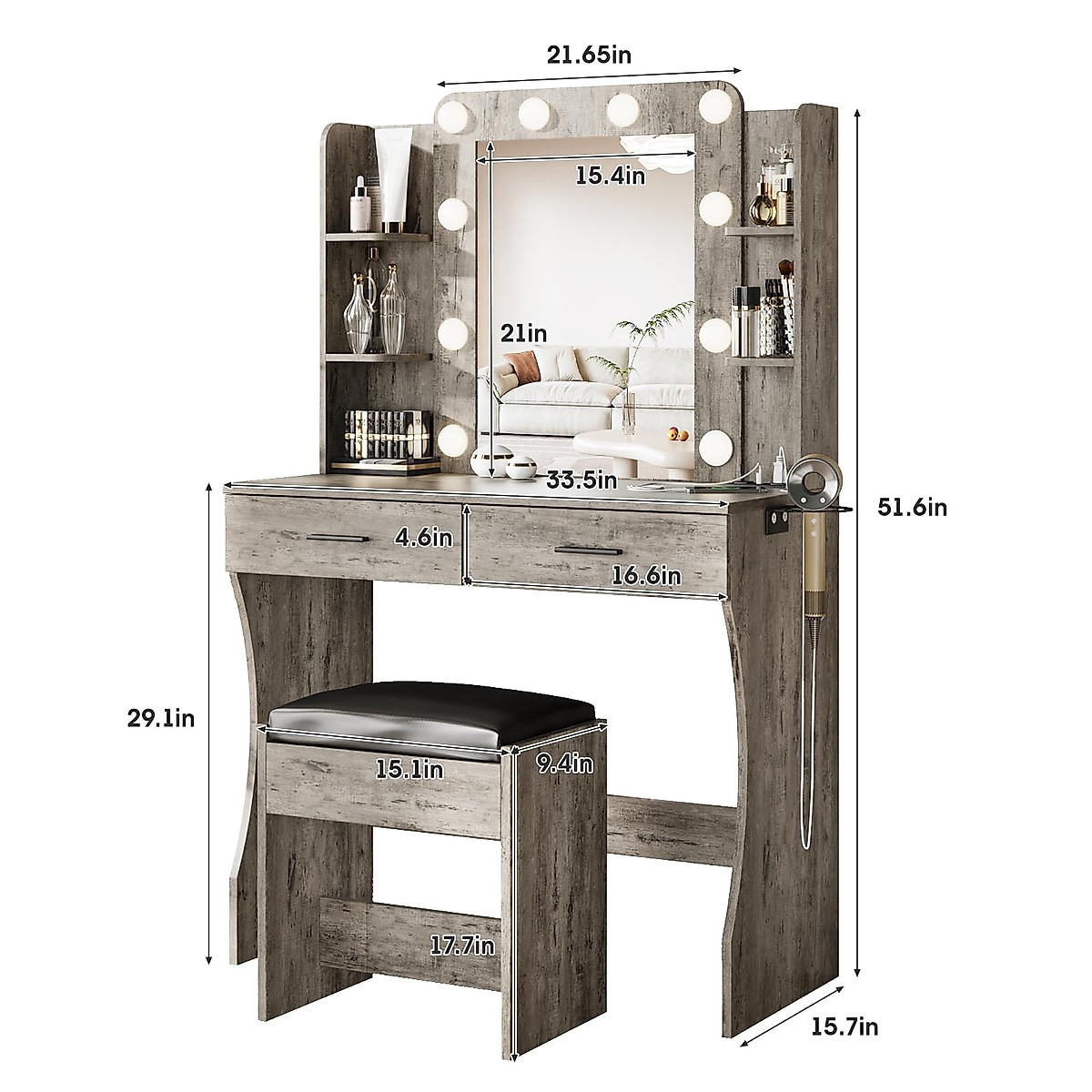 Maupvit Vanity Desk with Mirror and Lights,Makeup Vanity Table Set with Power Outlet,3 Lighting Modes & Adjustable Brightness Dressing Table with 2 Drawers for Bedroom Dressing Room,Light Oak Grey