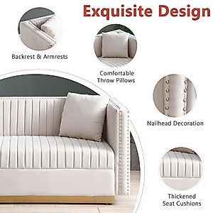 Nestglow Modern Vertical Channel Tufted Sofa Couch, 61.4‘’ Velvet Loveseat Sofa, Luxury 2-seat Comfy Couch with 2 Pillows and Gold Metal Legs for Living Room, Bedroom, Apartment, Beige