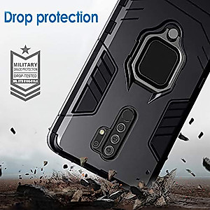 FaDream for Xiaomi Redmi 9 Case, Rugged Shockproof Dual Layer Heavy Duty Protective Kickstand Cover with [2 Pack] Tempered Glass Screen Protector (Black)