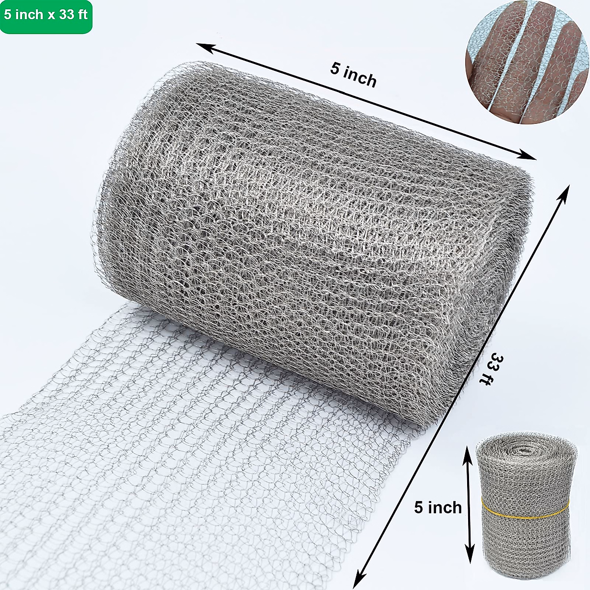 YAGJIA Wire Mesh for Mice Control, 5" x 33FT Stainless Steel Wool, Double Layer Rodent Mesh Barrier, Stainless Steel Mesh Hole Filler, Flexible Stretchy for Garden House and DIY