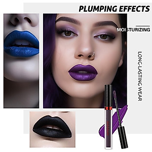 BADCOLOR 3 Colors Matte Liquid Lipstick Set, 24-Hour Smudge Proof Permanent Dark Lipstick Waterproof Velvet Nonstick Cup Stain Lip Gloss Set, Halloween Makeup Lip Gloss Gift - Purple, Black, Blue
