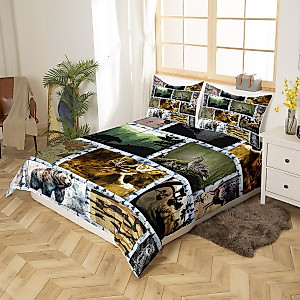 Deer Hunting Bedding Set Farmhouse Decor,Duck Reindeer Bear Woodland Animals Wildlife Duvet Cover Queen for Adult Women Men,Jungle Plant Pine Trees Bed Set,Tree Branches Camouflage Quilt Cover