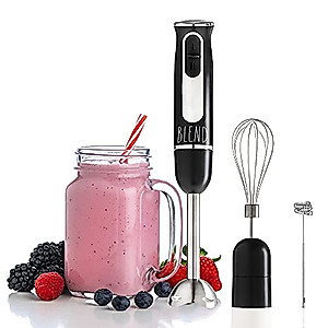 Rae Dunn Immersion Hand Blender- Handheld Immersion Blender with Egg Whisk and Milk Frother Attachments, 2 Speed Blender, 500 Watts, Stainless Steel Blade (Black)