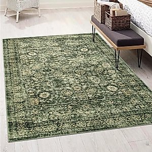 Morebes Vintage Throw Rugs, Boho 3x5 Washable Rug Non Slip,Soft Area Rug for Bedroom,Distressed Non-Shedding Floral Rug for Entryway Kitchen Foyer Bedside Playroom, Grayish Green