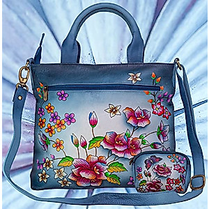 Evi's Bags Women's Hand Painted Floral Leather Shoulder Bag Unique, Large, Handmade Handbag - Satchel - Purse - Tote (Blue)