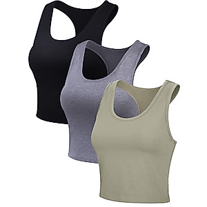 3 Pieces Crop Tops for Women, Workout Tops Basic Cropped Tank Tops Sleeveless Racerback Sports Gym Crop Tank for Teen Girls (Black, Dark Grey, Olive, XX-Large)