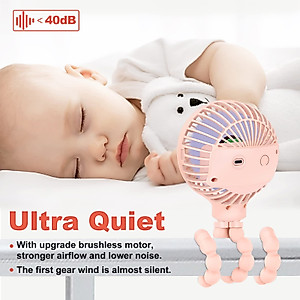 TRELC Mini Handheld Stroller Fan, Personal Portable Baby Fan with Flexible Tripod, 2024 Upgraded Version, Gift for Children, Rechargeable Fan for Office Room Car Traveling BBQ Gym Fan (Pink)