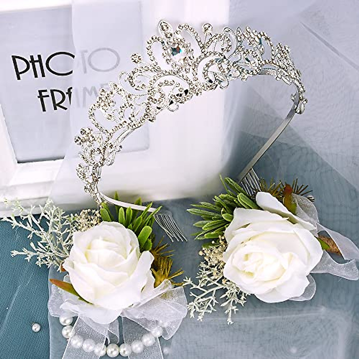 AOPRIE Corsage and Boutonniere Set Tear Drop Gemstone Tiara and Crown for Women Bride Flower Wristlet Band Bracelet of Wedding Accessories Man Suit Decorations Favor Gift