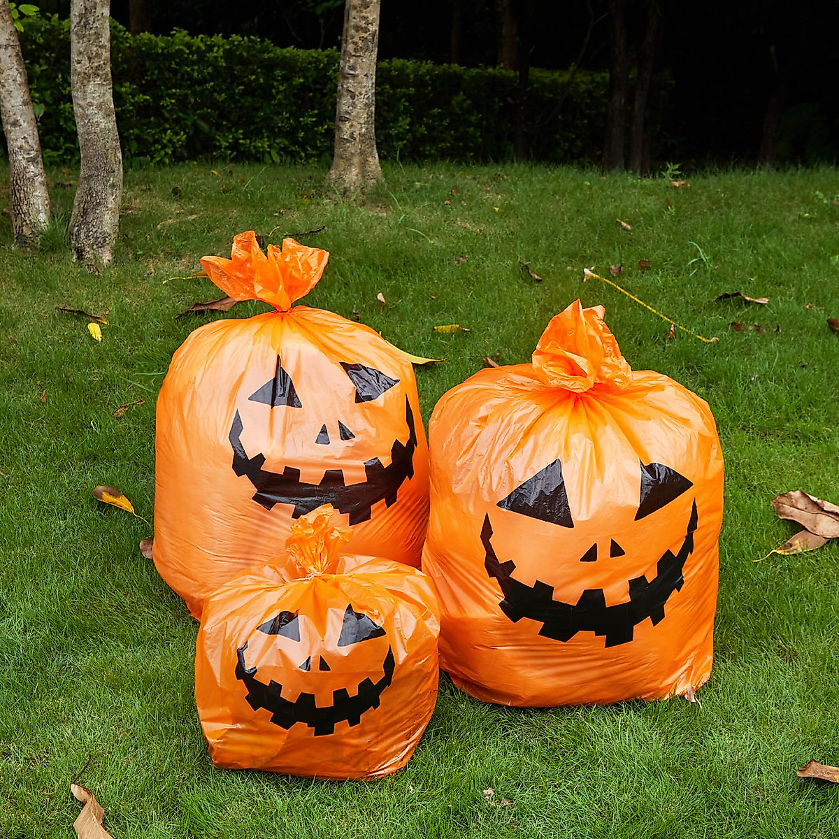 Qilery 6 Pcs Halloween Pumpkin Leaf Bags Plastic Lawn Bags with Twist Ties Fall Yard Trash Bags Reusable Yard Waste Bags Halloween Goodie Bags for Halloween Garden Outdoor Party Favors Decorations