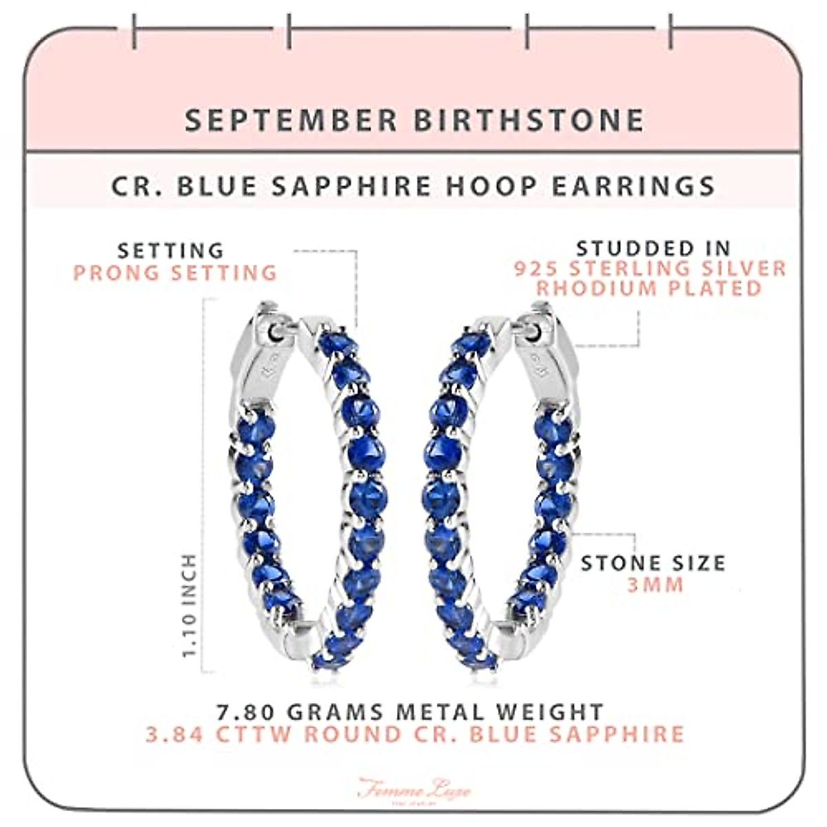 Femme Luxe created blue sapphire gemstone Inside-Out hoop earrings in silver, September birthstone.