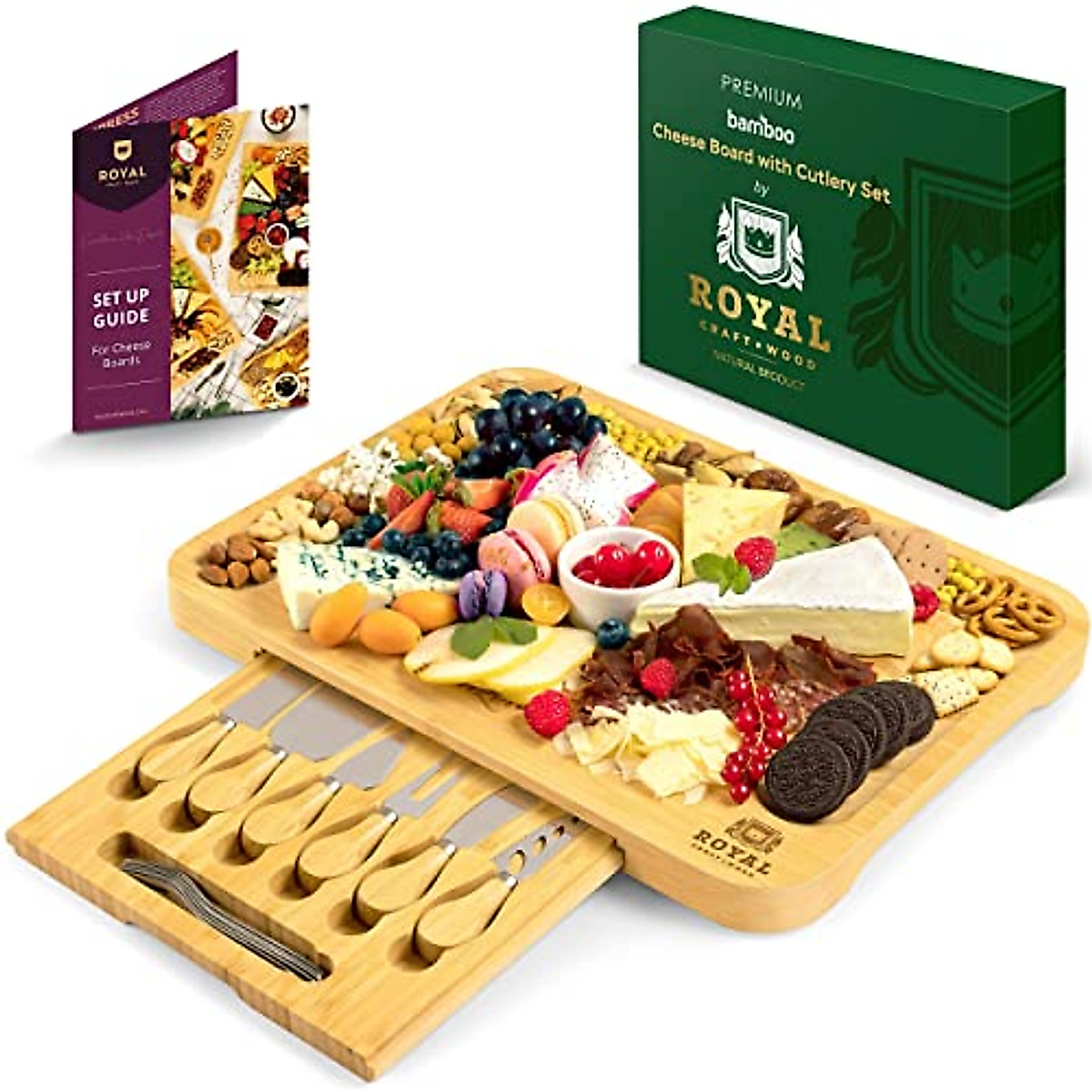ROYAL CRAFT WOOD Extra Large Cheese Board - Bamboo Cheese Board and Knife Set - Bread & Butter Plates, Charcuterie Platter & Serving Tray, Wedding Gifts (17.5" x 13")