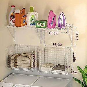 2 Pack Laundry Room Shelves Wall Mounted with Wire Baskets, Over the Washer and Dryer Shelf with Clothes Drying Rack, 8 Hooks，Wire Shelves Baskets for Laundry Closet Organization and Storage, White