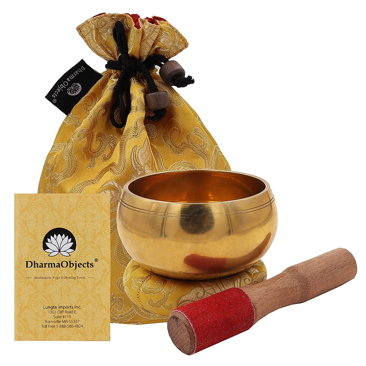 DharmaObjects Medium ~ Tibetan OM MANI Singing Bowl Set ~ With Mallet, Brocade Cushion & Carry Bag ~ For Meditation, Chakra Healing, Prayer, Yoga (Yellow)
