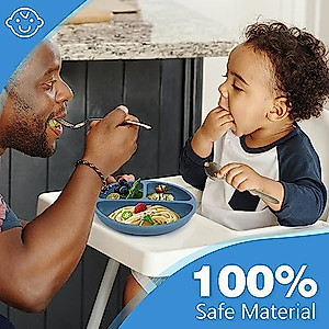 E-PRONSE Suction Plates for Baby Toddler Plates, 100% Food-Grade Silicone Divided Baby Plates, Baby Sunction Plate with Lid BPA Free,Microwave & Dishwasher Safe Blue +Tan