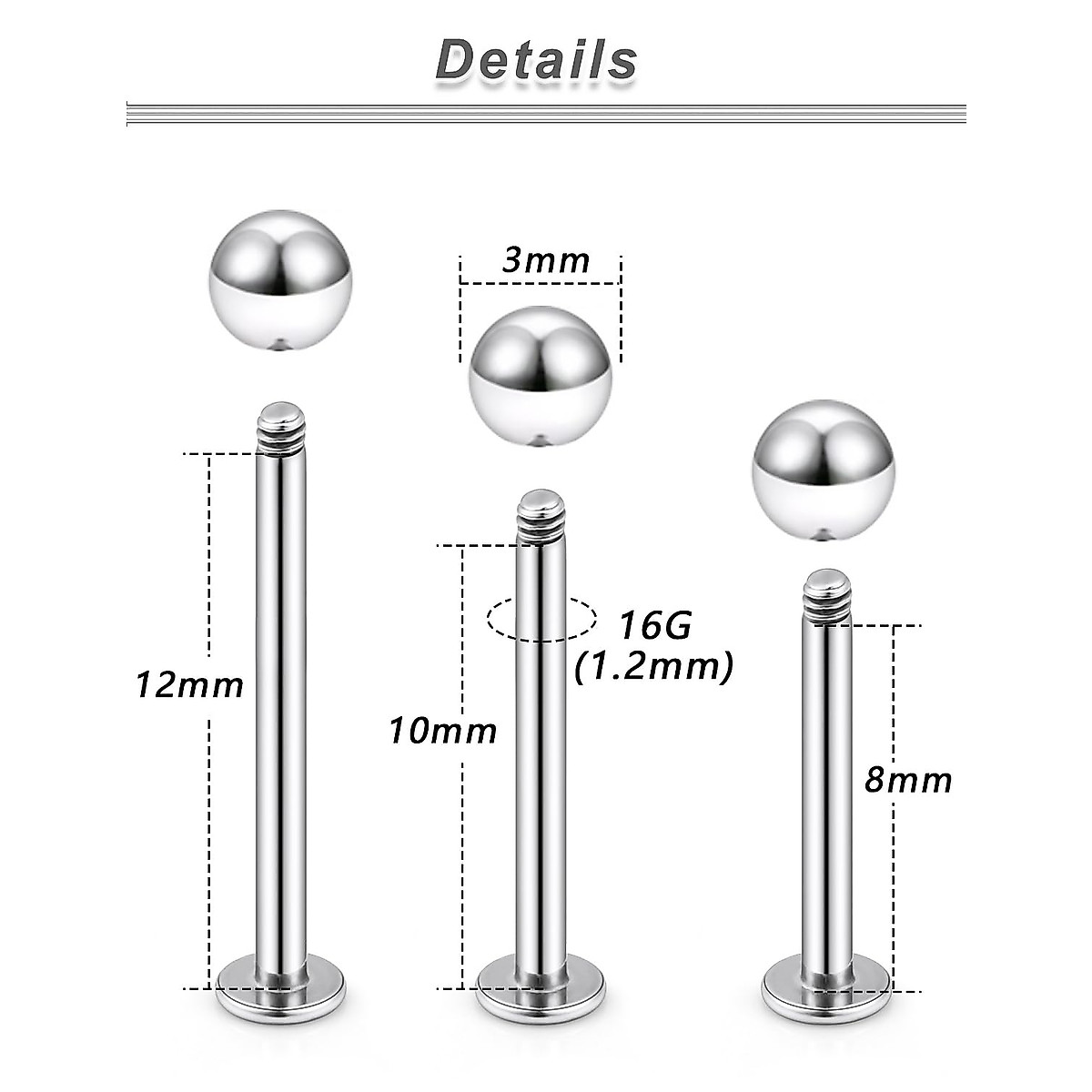 Yaalozei 16G Lip Labret Monroe Medusa Ashley Nose Ring Stud Stainless Surgical Steel Long Short Snake Bite Silver Tragus Helix Cartilage Earring Bar Barbell Piercing Jewelry Women Men 8mm 10mm 12mm