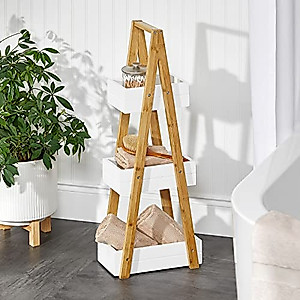 mDesign Leaning A-Frame 3-Tiered Triangle Shelf for Bathroom, Free-Standing Wood Ladder Storage Rack Room Decor Shelves, Decorative Organizer Bins for Towels, Hand Soap, Toiletries, White/Natural