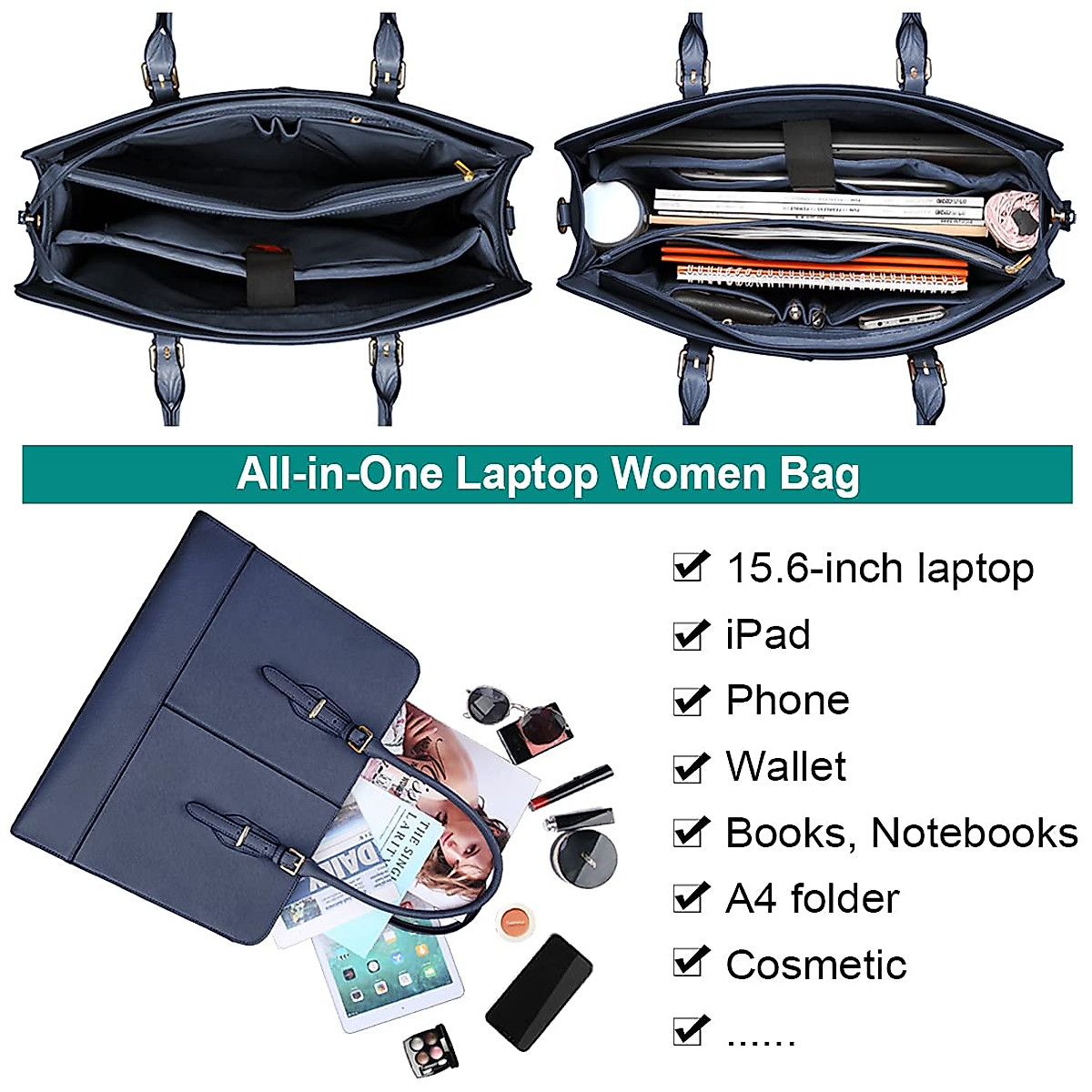 Laptop Bag for Women Leather Work Tote 15.6 Inch Laptop for Computer Bag Waterproof Business Office Professional Large Capacity Handbag Shoulder Bag Blue