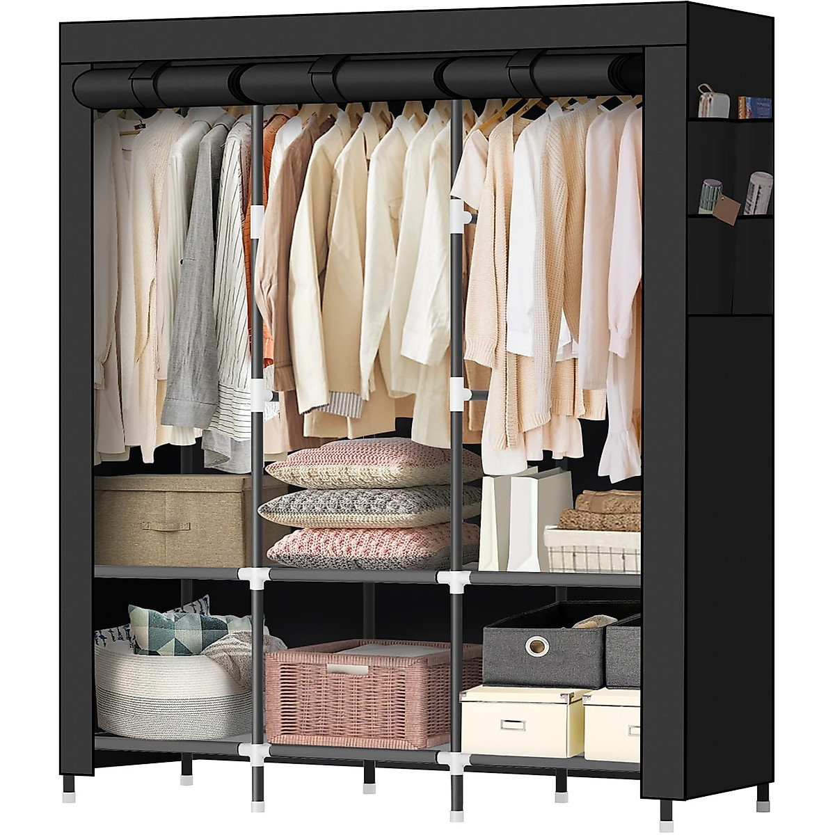 LOKEME Portable Closet, Portable Closets for Hanging Clothes with 3 Hanging Rods and 6 Storage Shelves, Black Closet, Easy to Assemble Wardrobe Closet with 4 Side Pockets