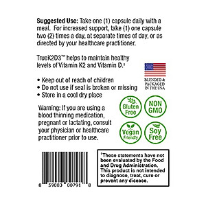 NatureCity TrueK2D3 Bone and Heart Health Formula - Plant Based 90mcg of Vitamin K2 (MK7) & 62.5mcg of Vitamin D3 60 Veggie Capsules