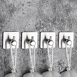 SKEMIX Self Adhesive Hooks,Heavy Duty Wall Hooks Coat Hooks Robe/Towel Hooks, 304 Stainless Steel Brushed Nickel Bathroom Kitchen Organizer (4-Pack)