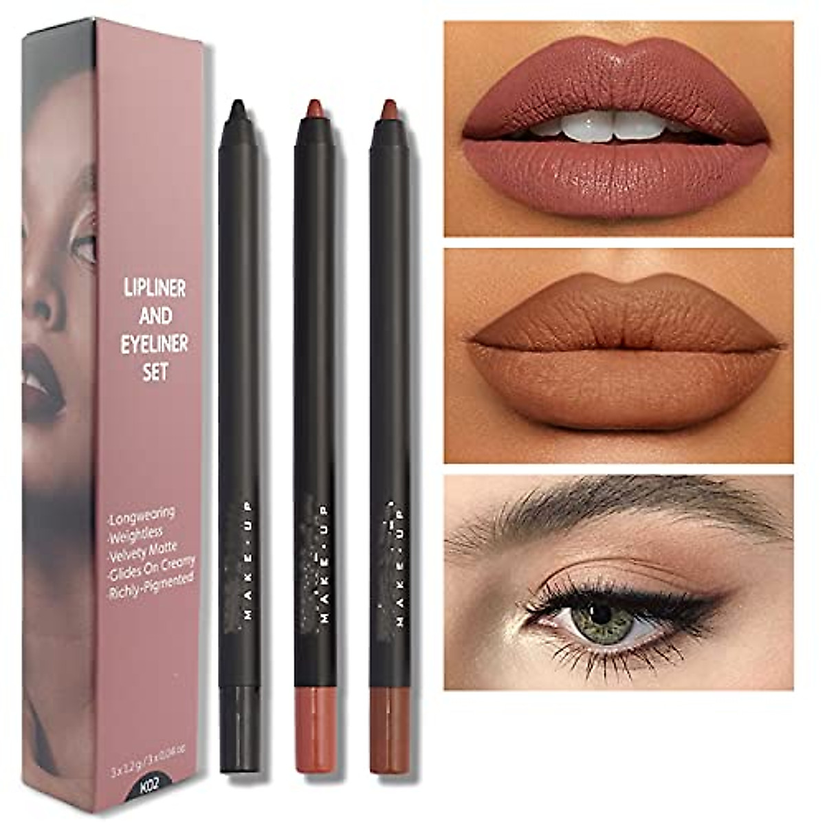 MAEPEOR Matte Lipliner and Eyeliner Kit 3 PCS Smoothly Creamy Lipliner and Eyeliner Pen Set for Daily Wear (3PCS Kit 2)