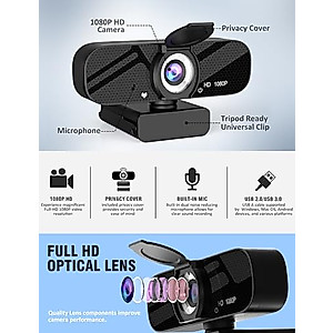 Full HD Webcam with Built-in Microphone and Rotatable Tripod, 1080P Video and Wide Angle Camera, Privacy Cover, for Desktop PC or Laptop Computer (Webcam with USB Cable)