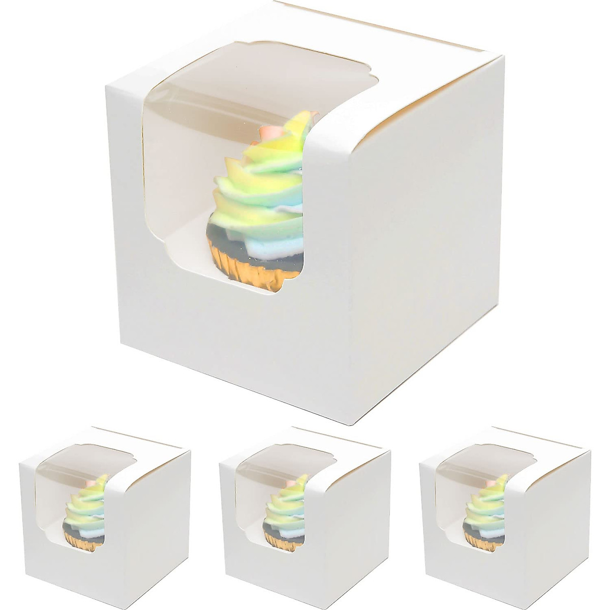 qiqee 100pcs Auto-Popup Mini Cupcake Boxes Individual White 2.5" x 2.5" x 2.5" Single Cupcake Carrier Container for Wedding Favor Birthday ＆ Party（Mini Size）