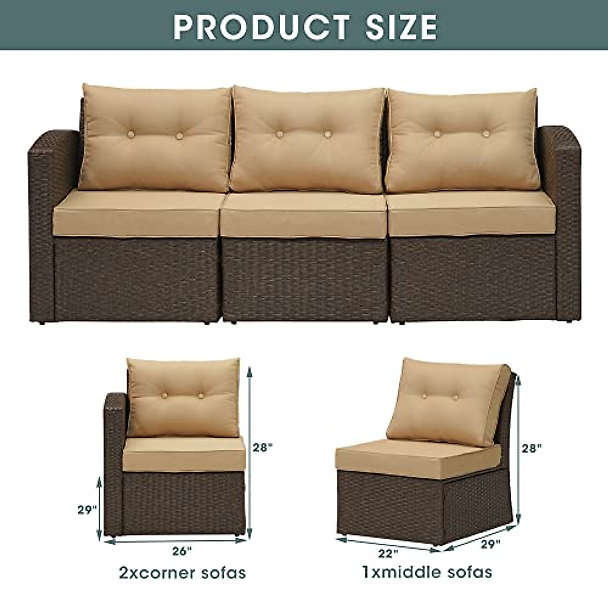 SUNVIVI OUTDOOR Patio Couch Sofa,3-Seat Outdoor Wicker Brown Rattan Sectional Couch Furniture Aluminum Frame with Non-Slip Beige Cushion