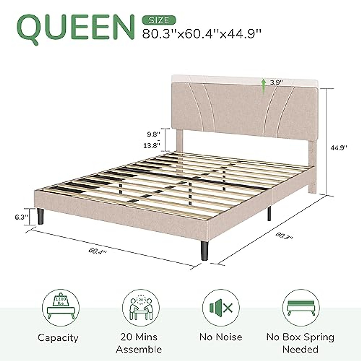 Novilla Queen Size Platform Bed Frame with Adjustable Headboard Upholstered Bed Frame Queen No Box Spring Needed, Noise Free, Easy Assembly, Beige