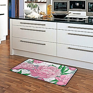 HUSSRITY Pink Peony Flowers Kitchen Rugs Cushioned Anti-Fatigue Comfort Floor Mat Non Slip Kitchen Mat Runner Rug for Sink Office Laundry (39"x20")
