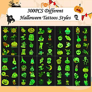 300PCS Halloween Glow Tattoo Stickers,Temporary Waterproof Tattoo Stickers Halloween Party Favors Decoration,Goodie Bag Fillers and "Trick or Treat" Gifts for Kid
