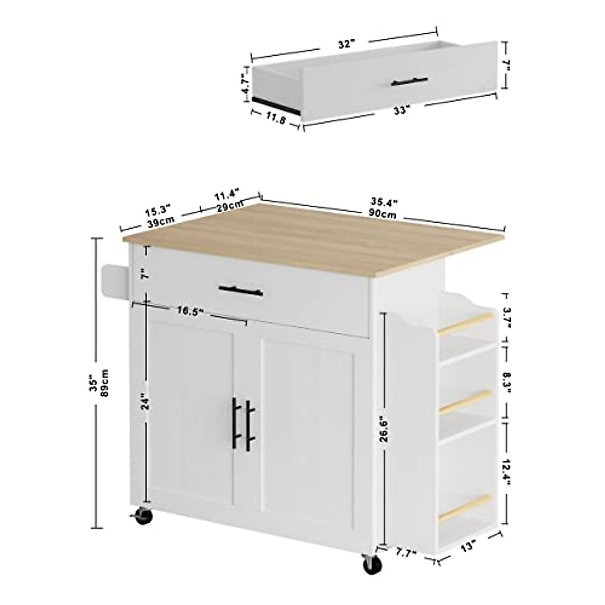 IRONCK Kitchen Island with Storage, Rolling Kitchen Island on Wheels with Drop Leaf, 3 Open Spice Rack Shelf, Door Cabinet, Drawer, Kitchen Cart Island Table for Kitchen, White