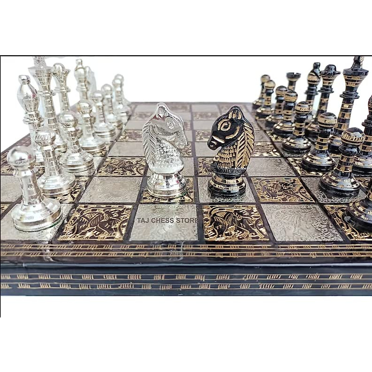 12" Solid Brass Metal Chess Set Pieces & Board with Velvet Storage Box | Brass Metal Luxury Chess Set | Antique Chess Set for Gifts