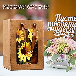 Yexiya 15 Pcs Paper Gift Bags with Clear Window, 7 x 5 x 10 Inch Kraft Paper Bags with Handles Transparent Flower Bouquet Bags for Present Bridal Shower Festivals Party (Kraft Color)