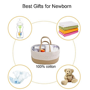 BSMstone Baby Diaper Caddy Organizer Diaper Basket with Divider Portable Car Organizer and Nursery Storage Bin Baby Best Shower Gifts for Newborn (Regular-White+Brown)