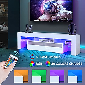 TV Stand with LED Lights for 60/65/70 Inch TV, Modern Gaming Entertainment Center, High Gloss Television Stands Media Console with Glass Shelves and 2 Drawers for Living Room, Bedroom, White