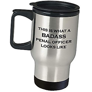 Travel Mug Gifts For Penal Officer Coffee Tumbler - This Is What A Badass Looks Like - Thin Gray Line Prison Detention Jailer Jail Guard Corrections Correctional Funny Cute Gag Idea Appreciation
