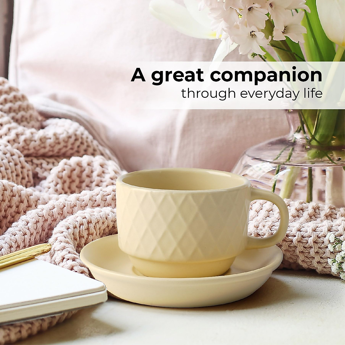 MIAMIO - 6 x 2.5 oz Stoneware Espresso Mug, Cup Set Modern with Stand and Saucers - Palmanova Collection (Magma Red)