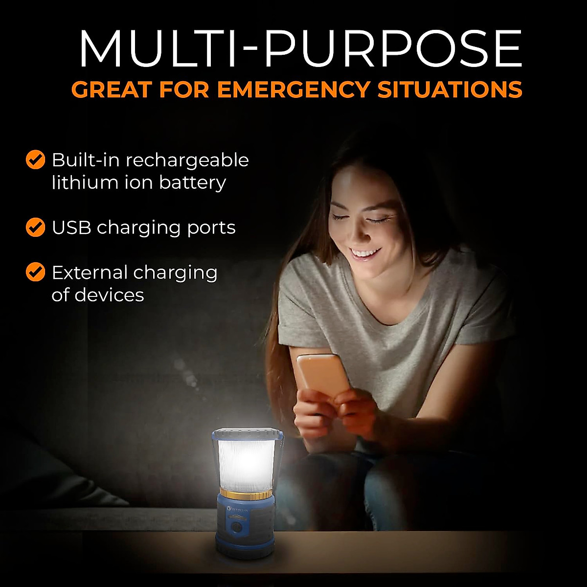LFI Lights | Rugged Emergency Lantern for Power Outages, Storms, Survival Kit | Up to 200 Hrs of Light| Charges Cell Phone | Rechargeable Battery | Water Resistant | 6 LED Modes | 2 Pack | RZLPRF-R3L
