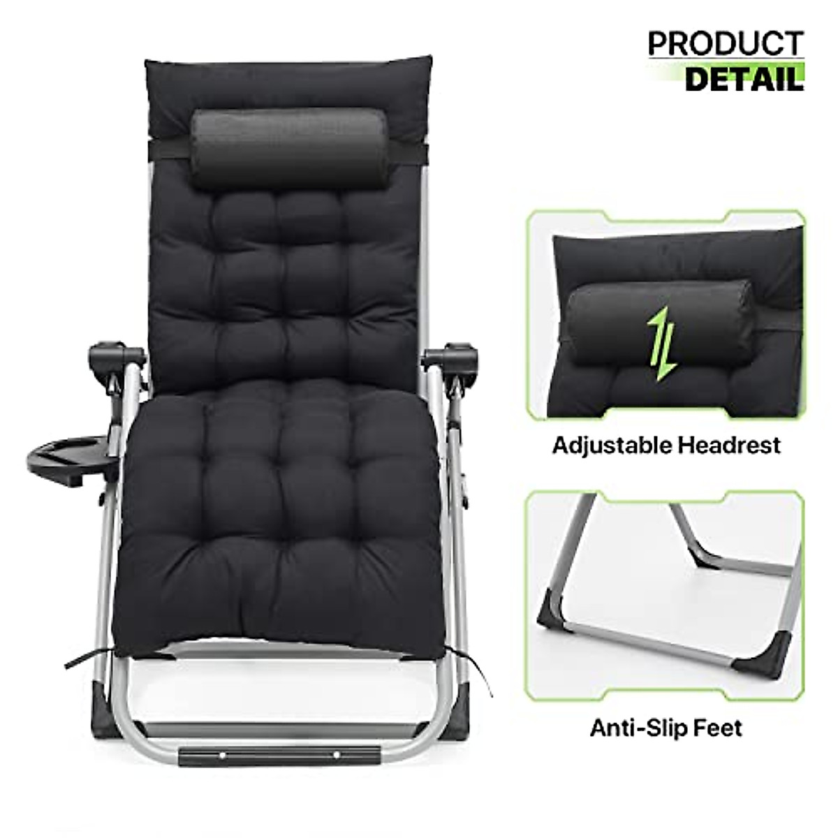 Magshion Zero Gravity Chair with Cushion, Reclining Outdoor Patio Lounge Chair, Folding Indoor Anti Gravity Recliner, Portable Lounger with Removable Cup Holder Side Tray and Pillow Headrest (Black)