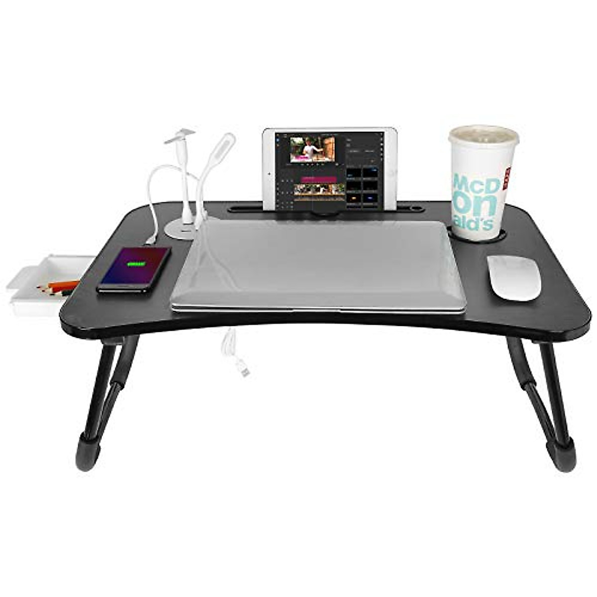 Laptop Desk, Astoryou Portable Laptop Bed Tray Table Notebook Stand Reading Holder with USB Charge Port/Cup Holder/Storage Drawer for Working on Bed/Couch/Sofa (Black)